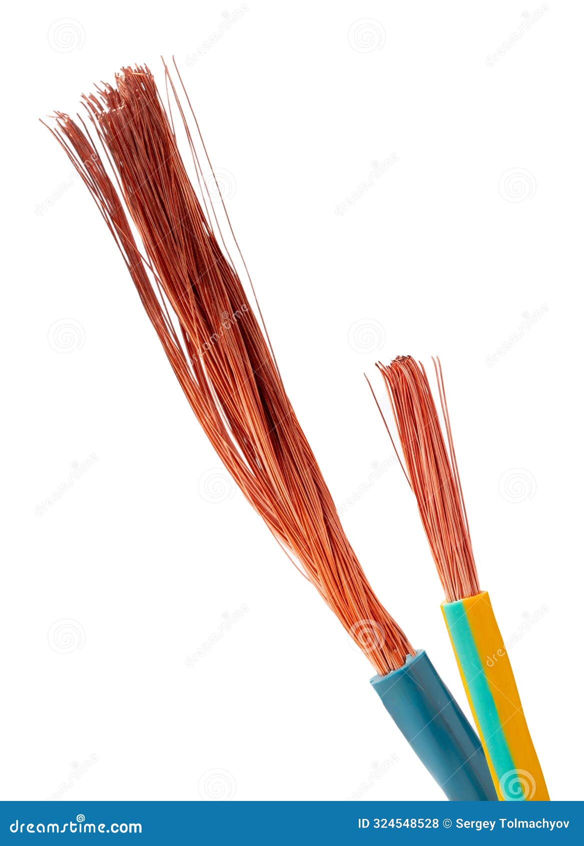 Various Electrical Wires with Exposed Copper Strands on White ...