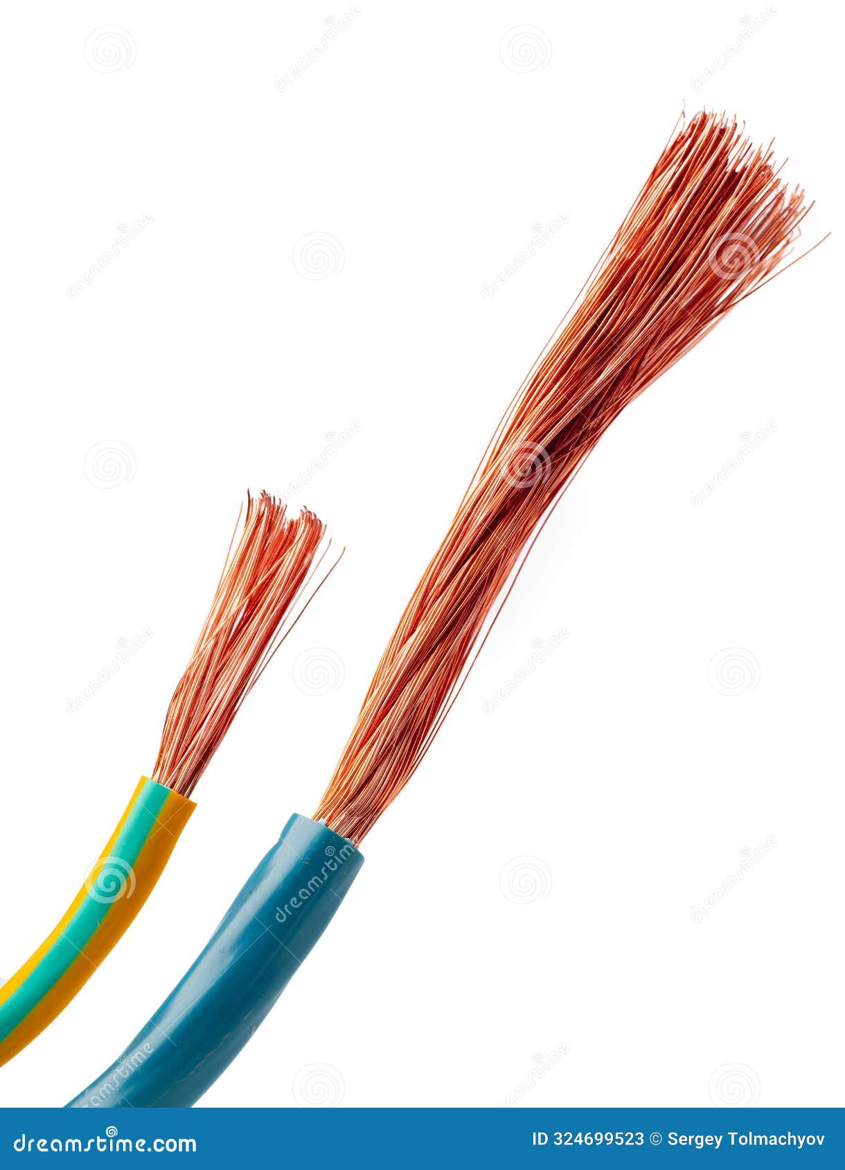 Various Electrical Wires with Exposed Copper Strands on White ...