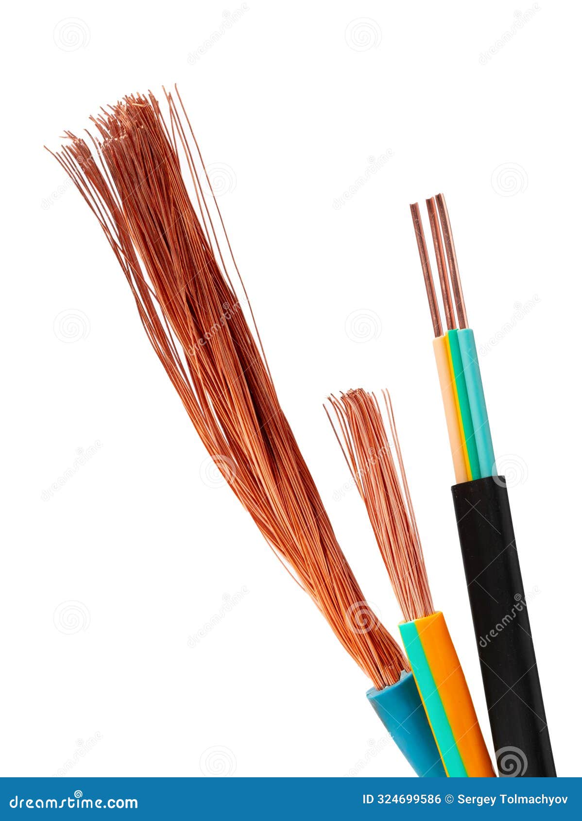 Various Electrical Wires with Exposed Copper Strands on White ...