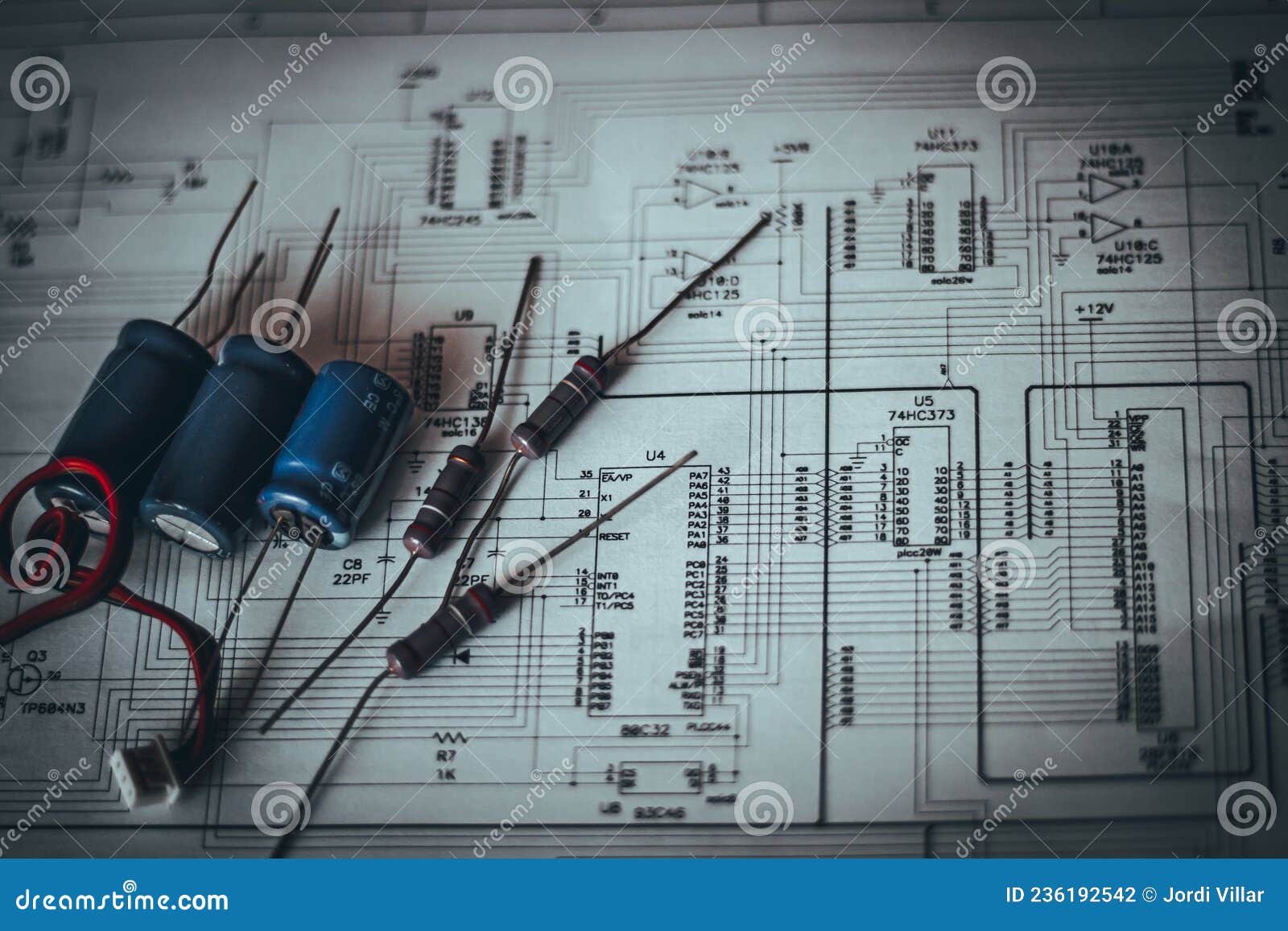 Various Electronic Components, on Top of a Schematic Sheet Stock Photo ...