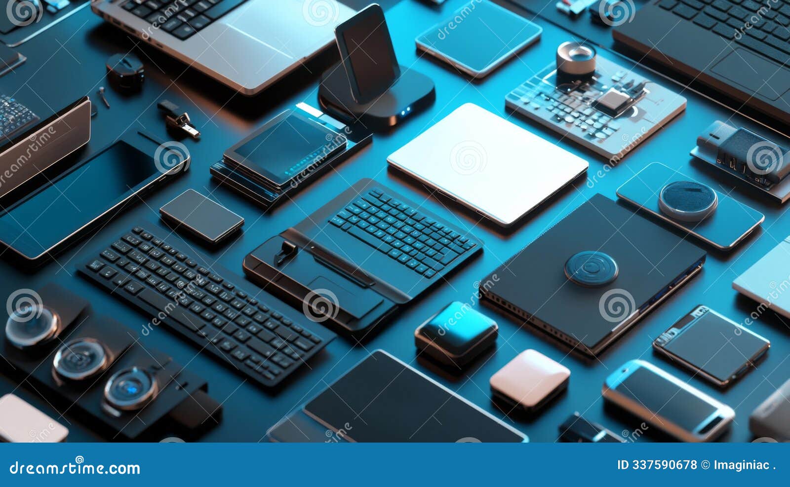 Various Electronic Devices Arranged on a Blue Surface Stock ...