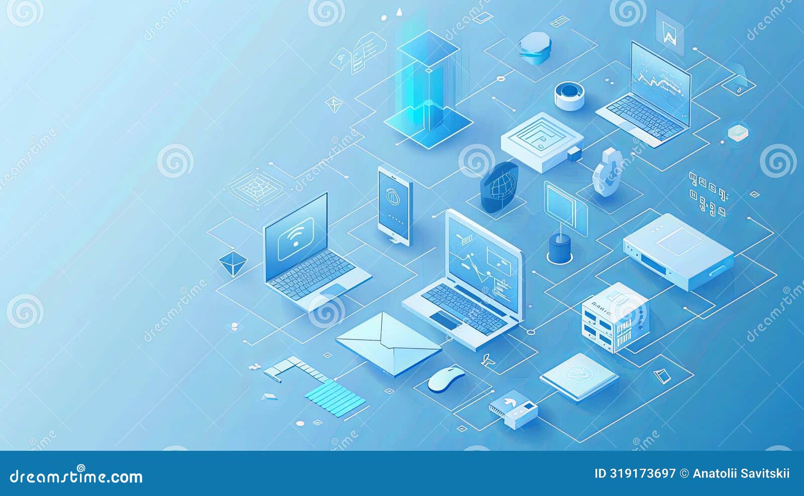 Various Electronic Devices on a Blue Background, Including Computers ...