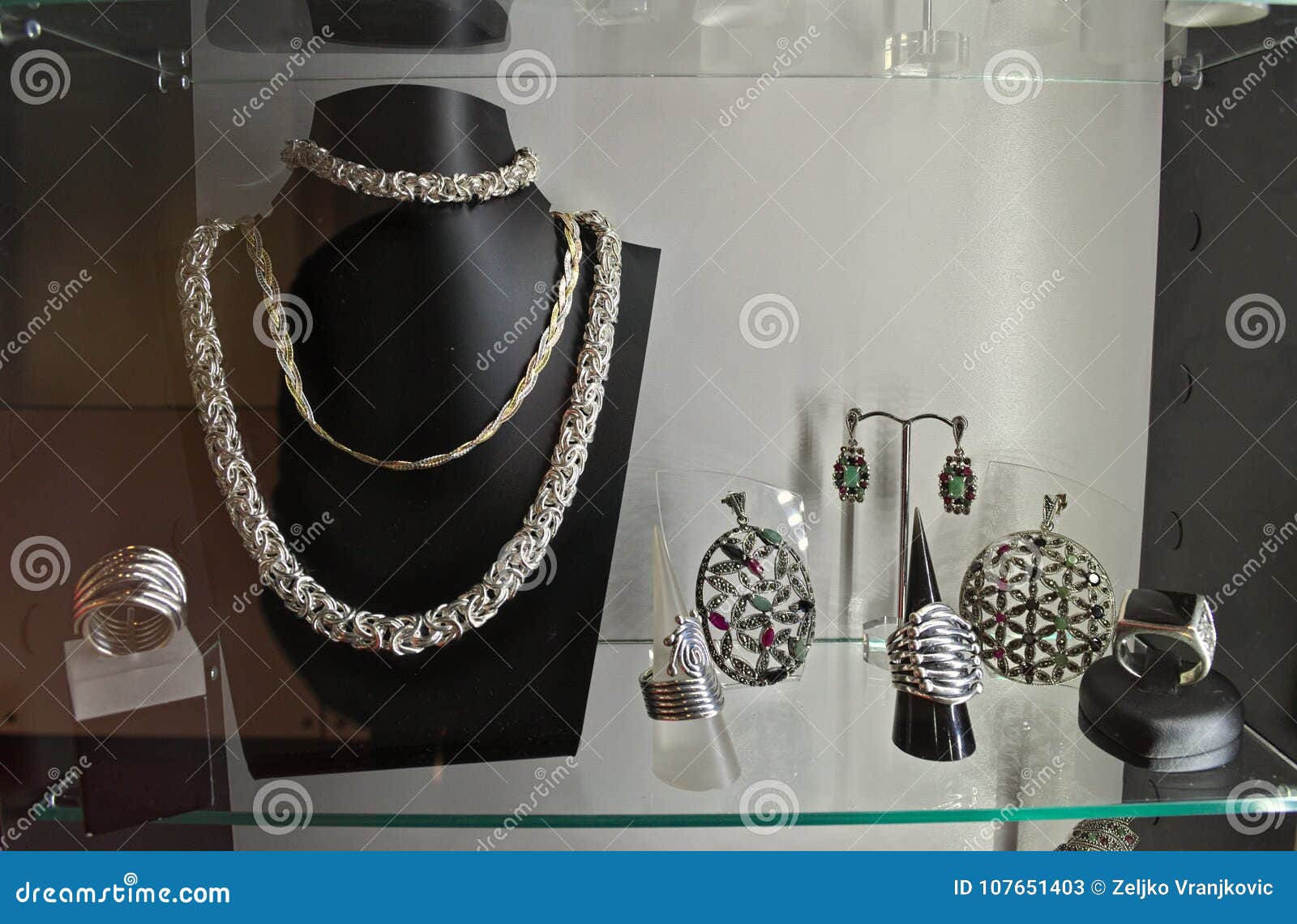Various Elegant Women Jewelry In Glass Box Stock Image Image Of Business Collection 107651403