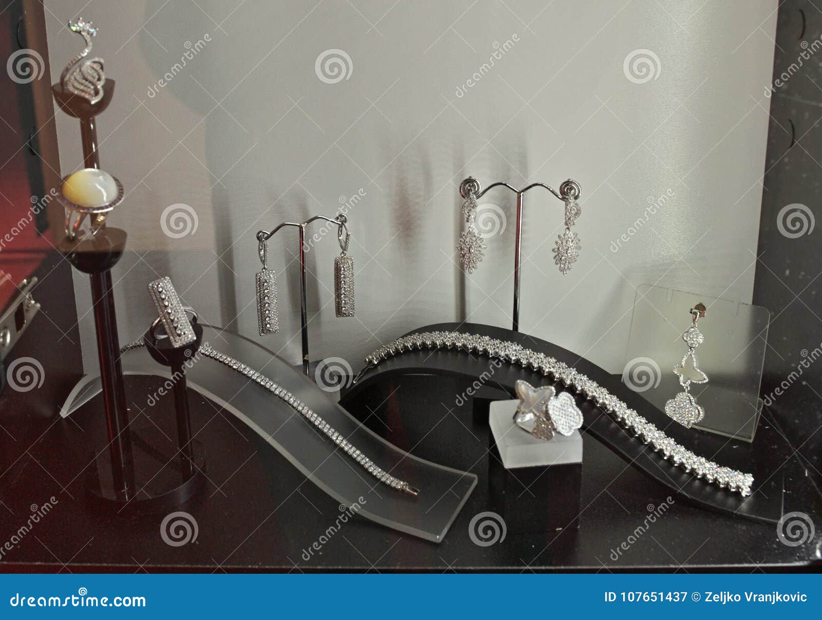 Various Elegant Women Jewelry In Glass Box Stock Image Image Of Beautiful Accessory 107651437