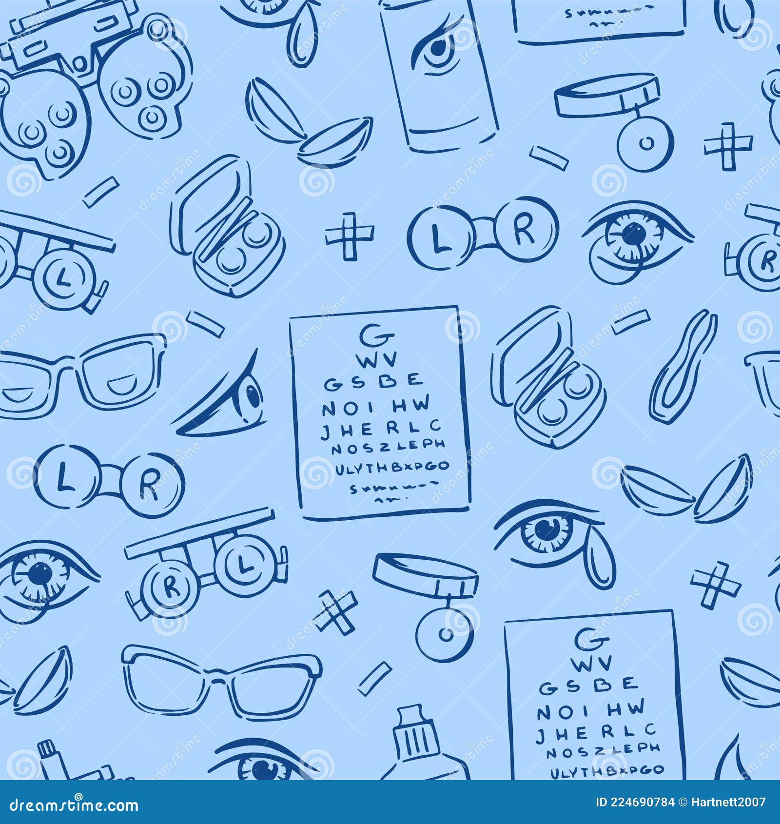 Various Elements of Optometry, Lenses, Eyes, Glasses on a Blue ...