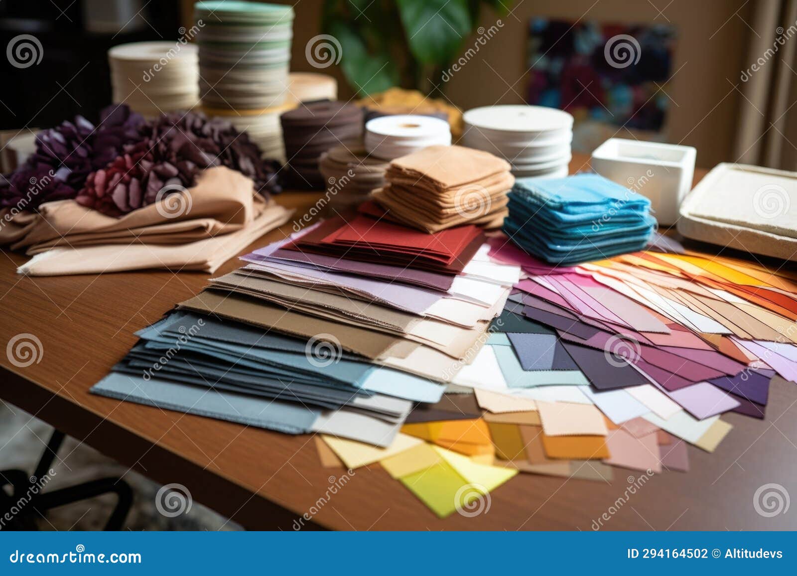 Various Fabric Swatches Spread Out on a Craft Table Stock Illustration ...