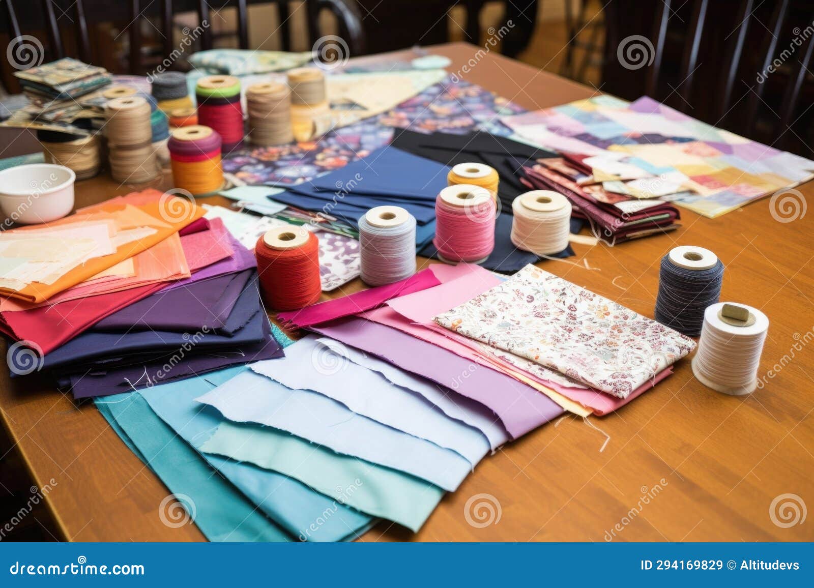 Various Fabric Swatches Spread Out on a Craft Table Stock Illustration ...