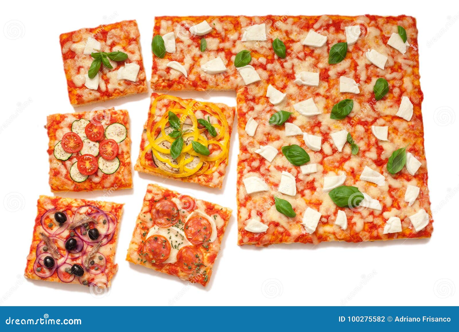 Various Flavors Pizza Cut into Slices Stock Photo - Image of square ...