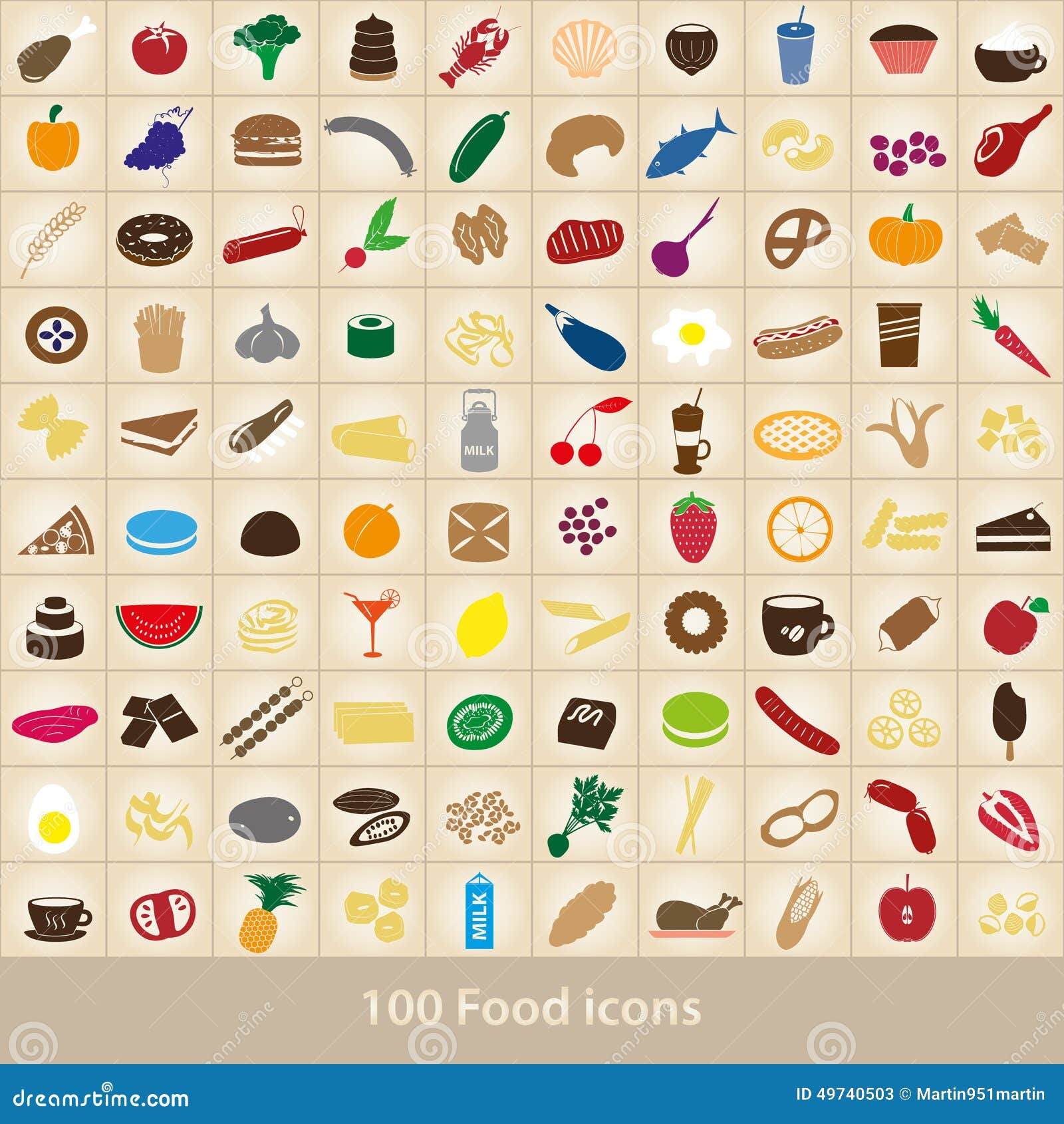 100 Various Food and Drink Color Icons Set Stock Vector - Illustration ...