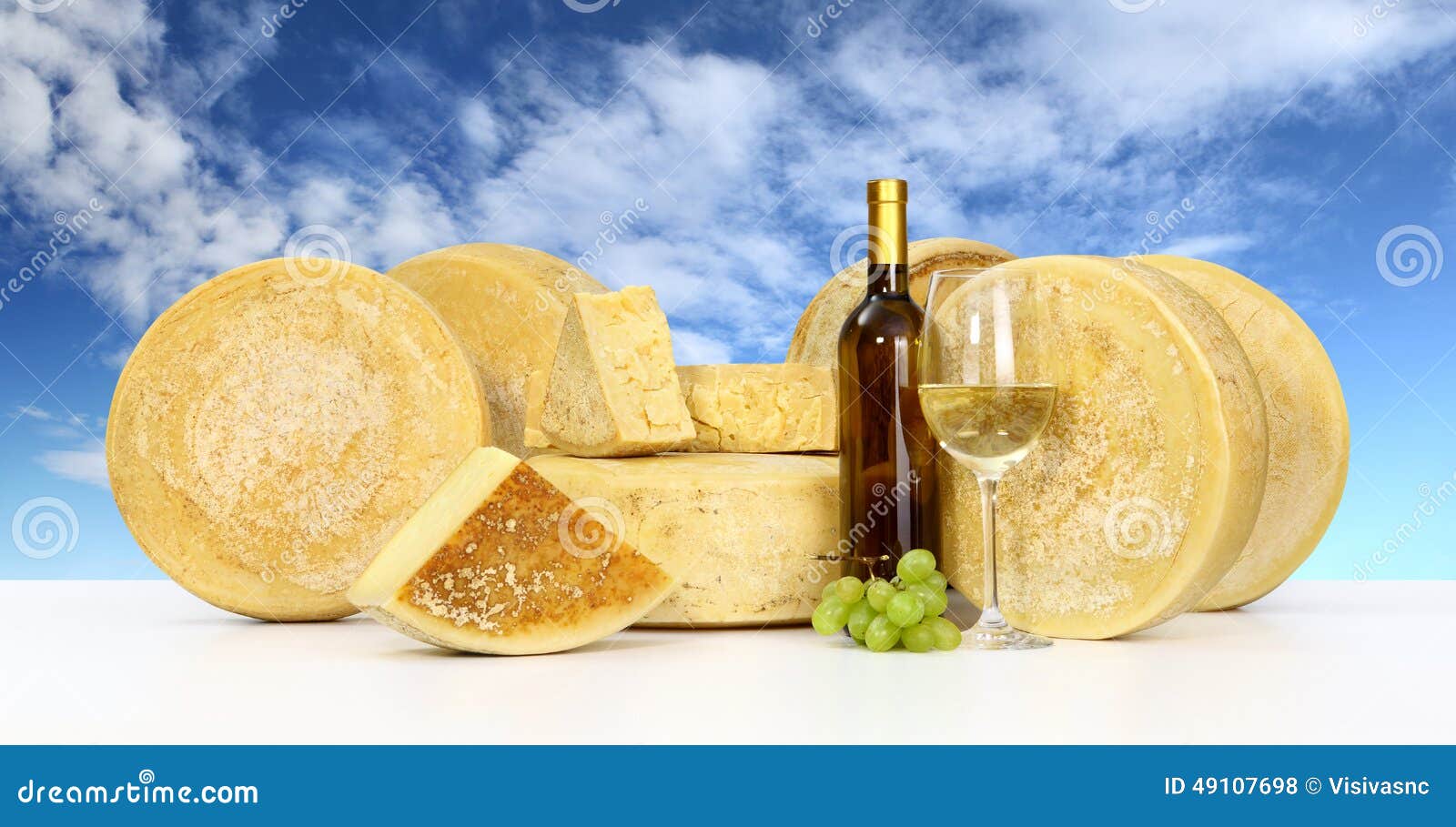 Various Forms of Cheese Wine Glass Bottle Sky Background Stock Photo ...
