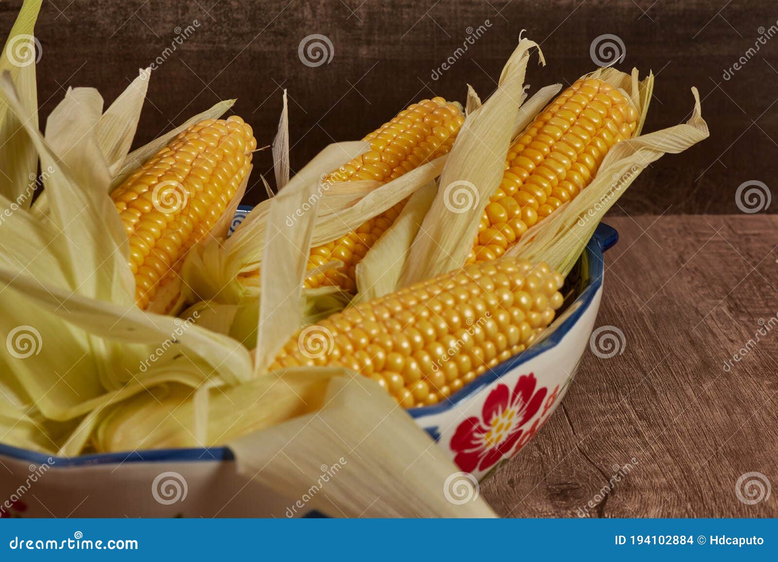 Various Fresh Corn on the Cob in a Old Bowl on the Table Stock Photo ...