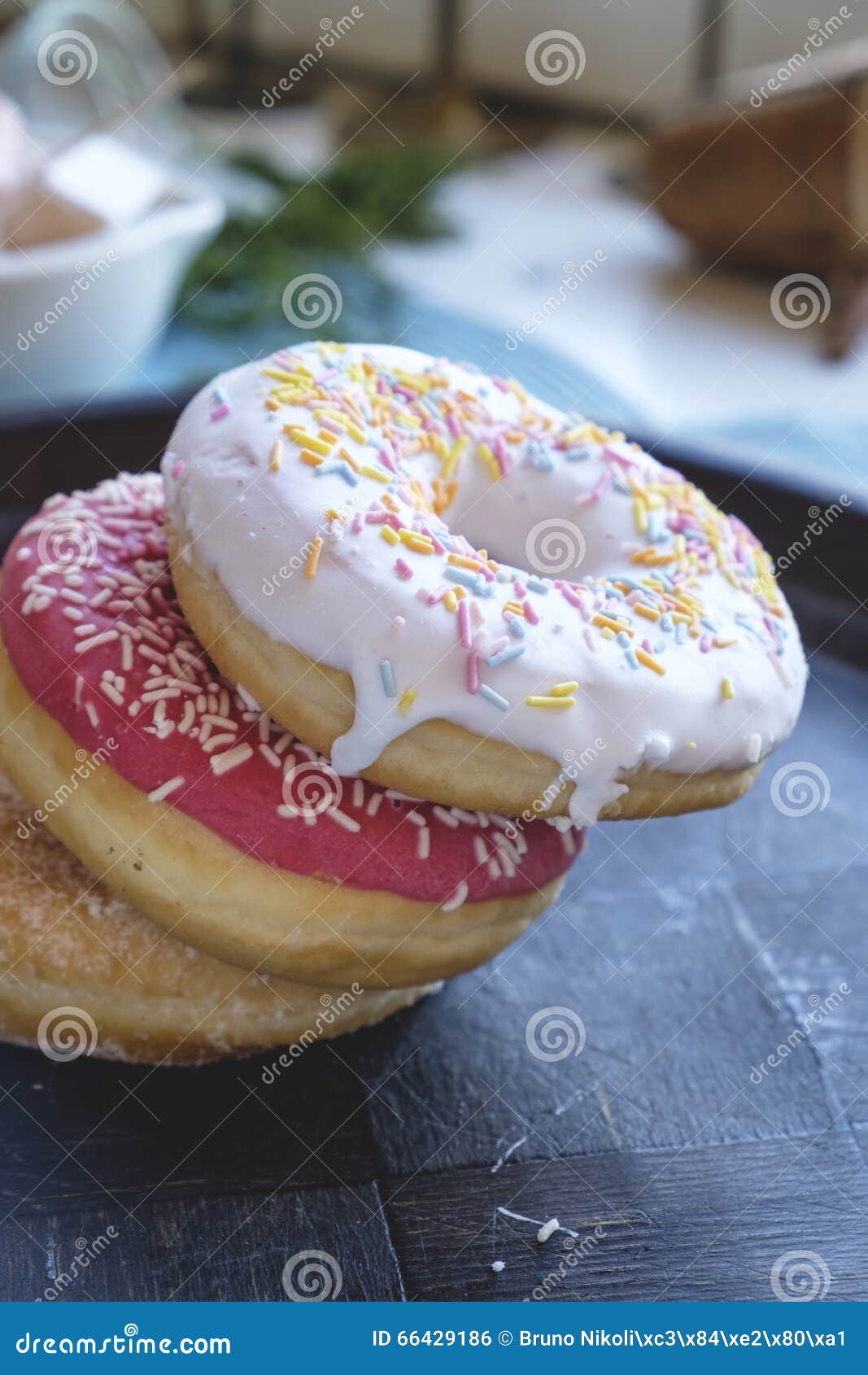 Various Fresh Donuts Stacked Portrait Side Stock Photo - Image of cake ...