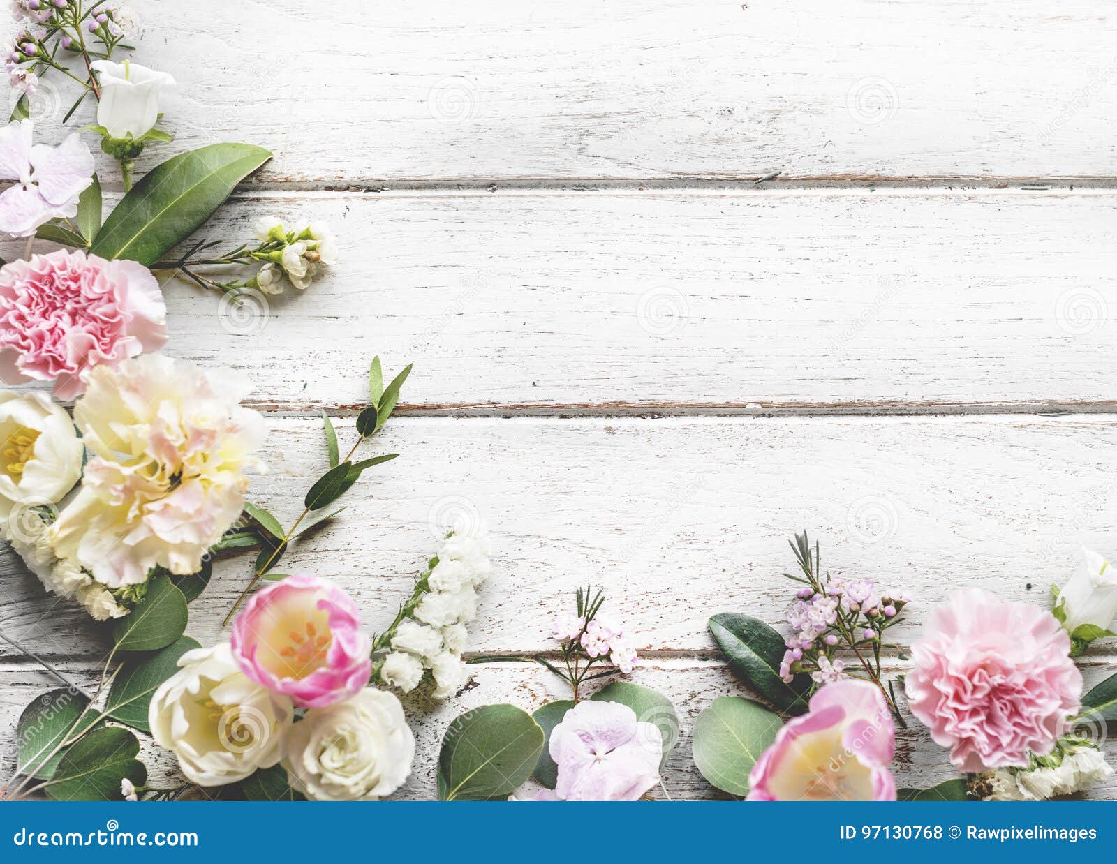 Various Fresh Flowers with Blank Design Space on Wooden Background ...