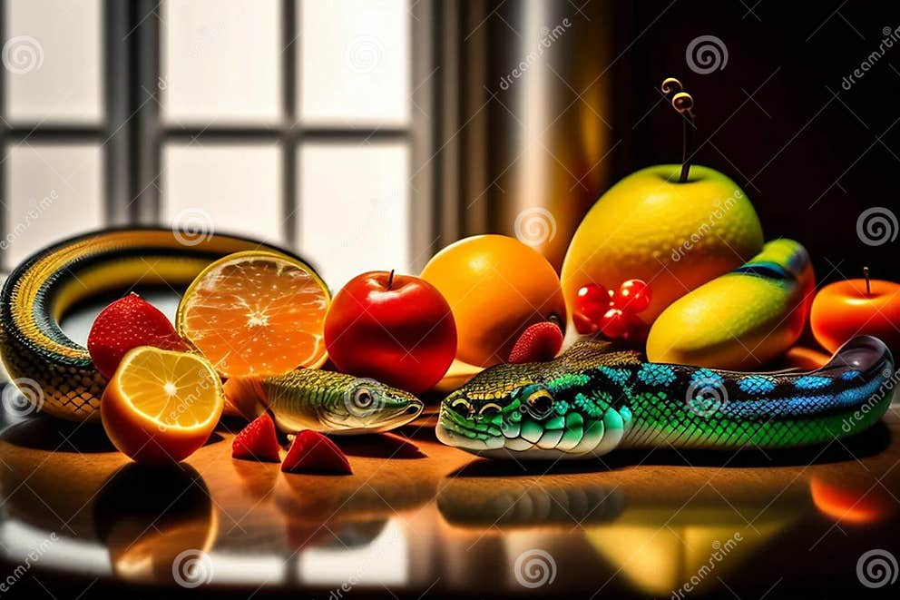 Various Fresh Fruit and Snakes in One Photo Stock Illustration ...