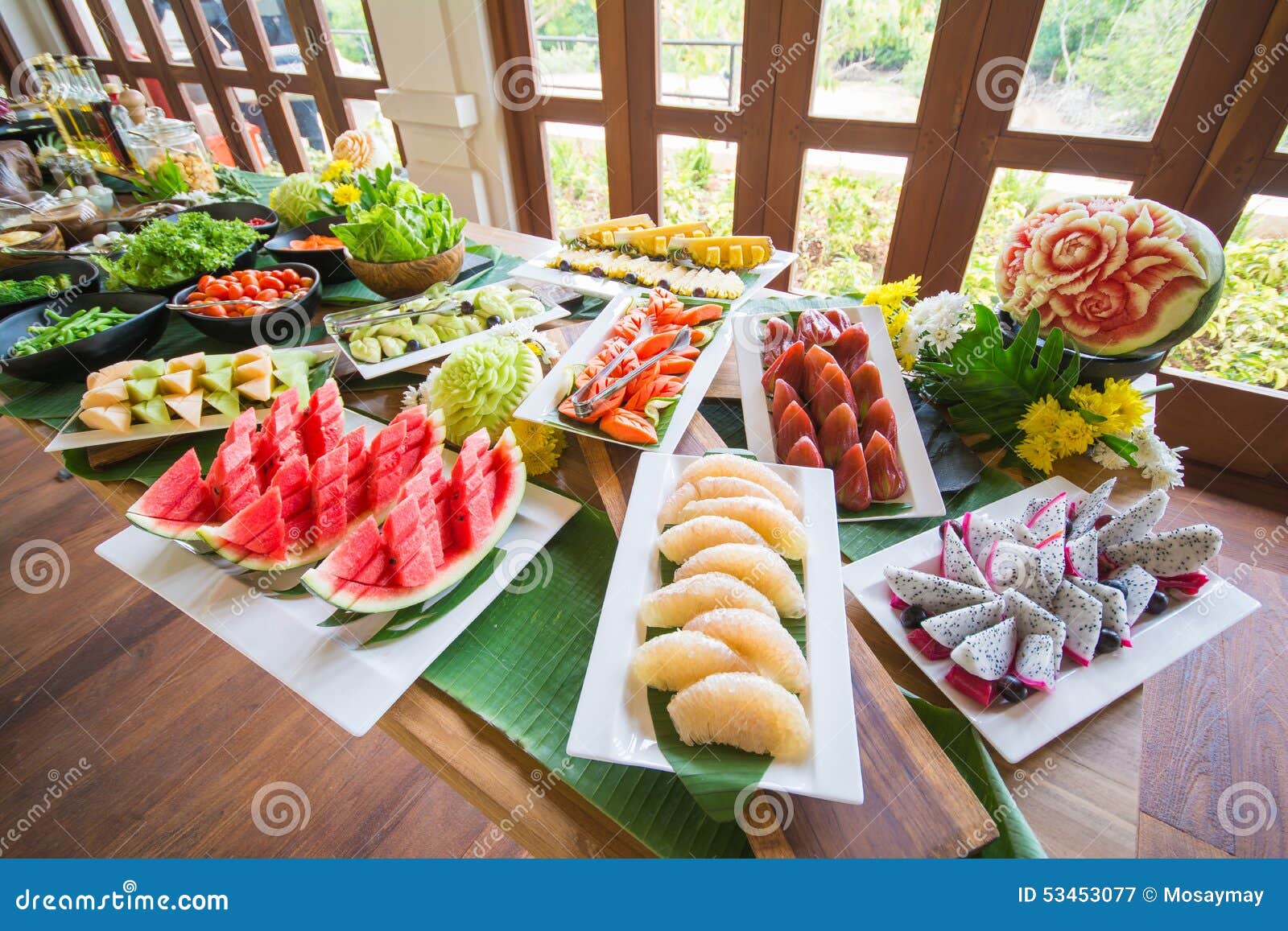 Various Fresh Fruit and Vegetable on Buffet Line Stock Image - Image of ...