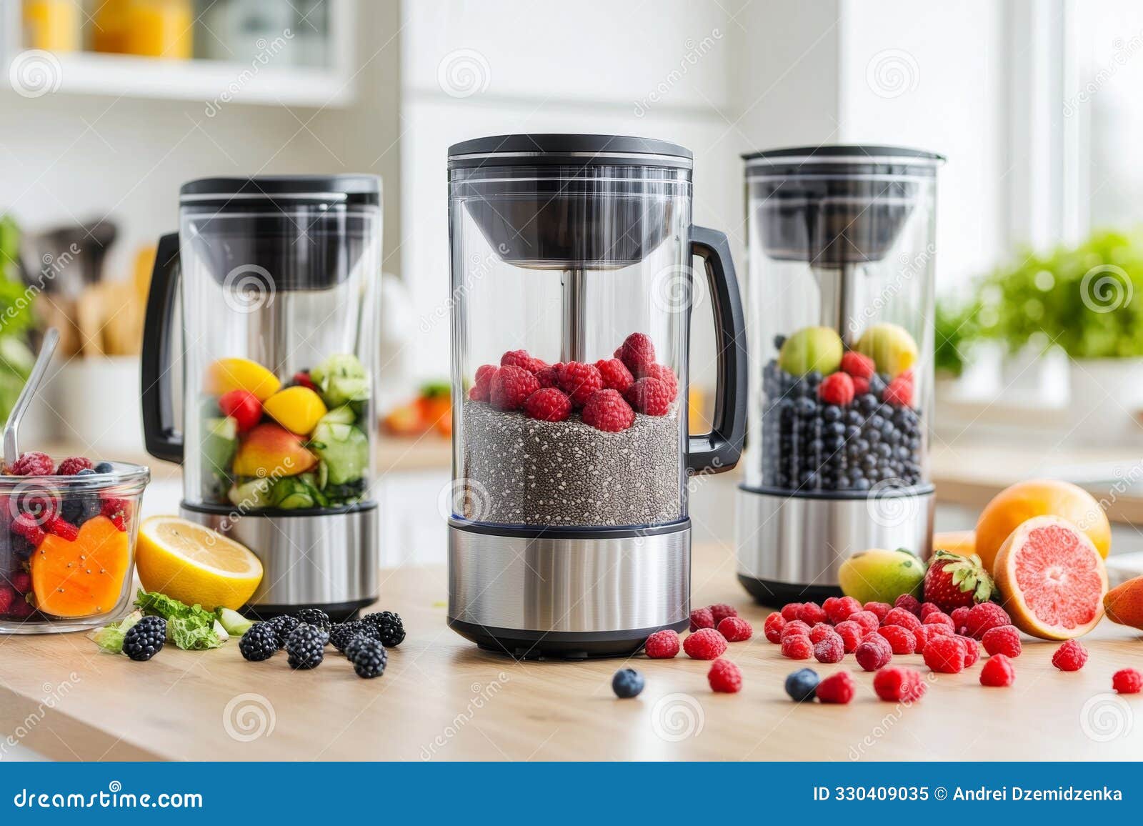 Various Fresh Fruits are Displayed on the Counter in a Portable Blender ...
