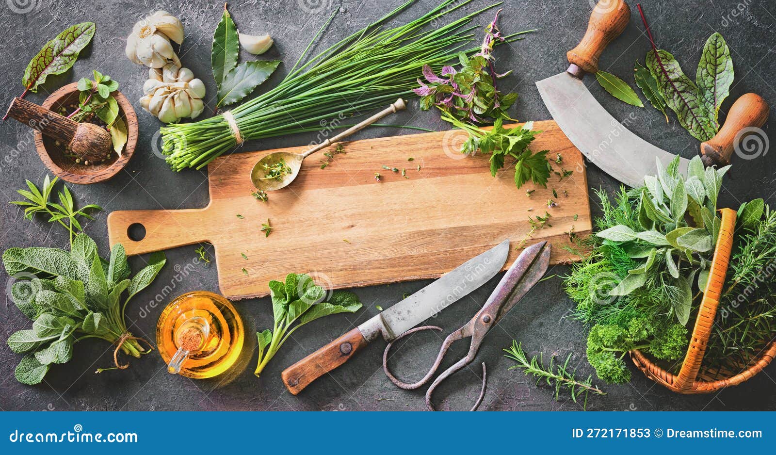 Various Fresh Herbs from Garden with Kitchen Utensils on Rustic Table ...