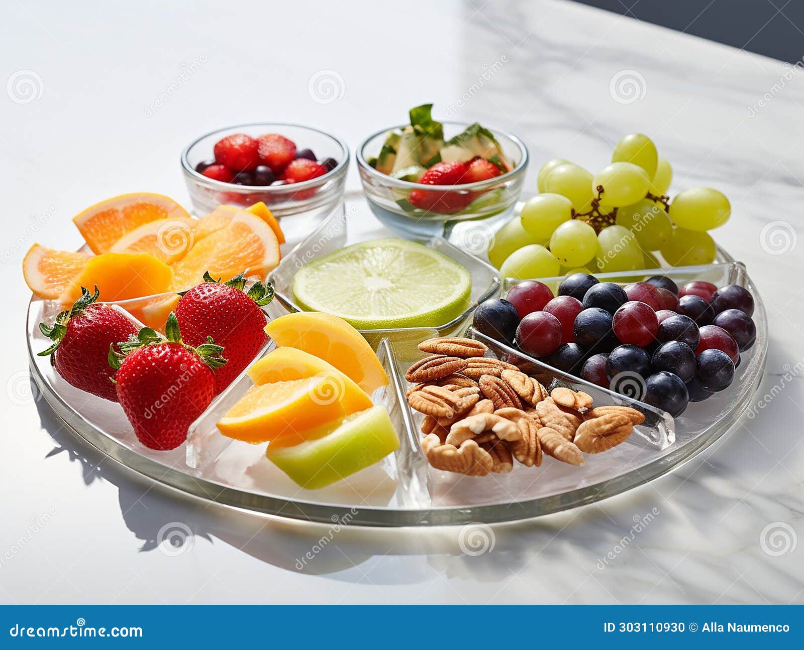Various Frozen Fruits in Five Compartment Plate on White Marble Table ...