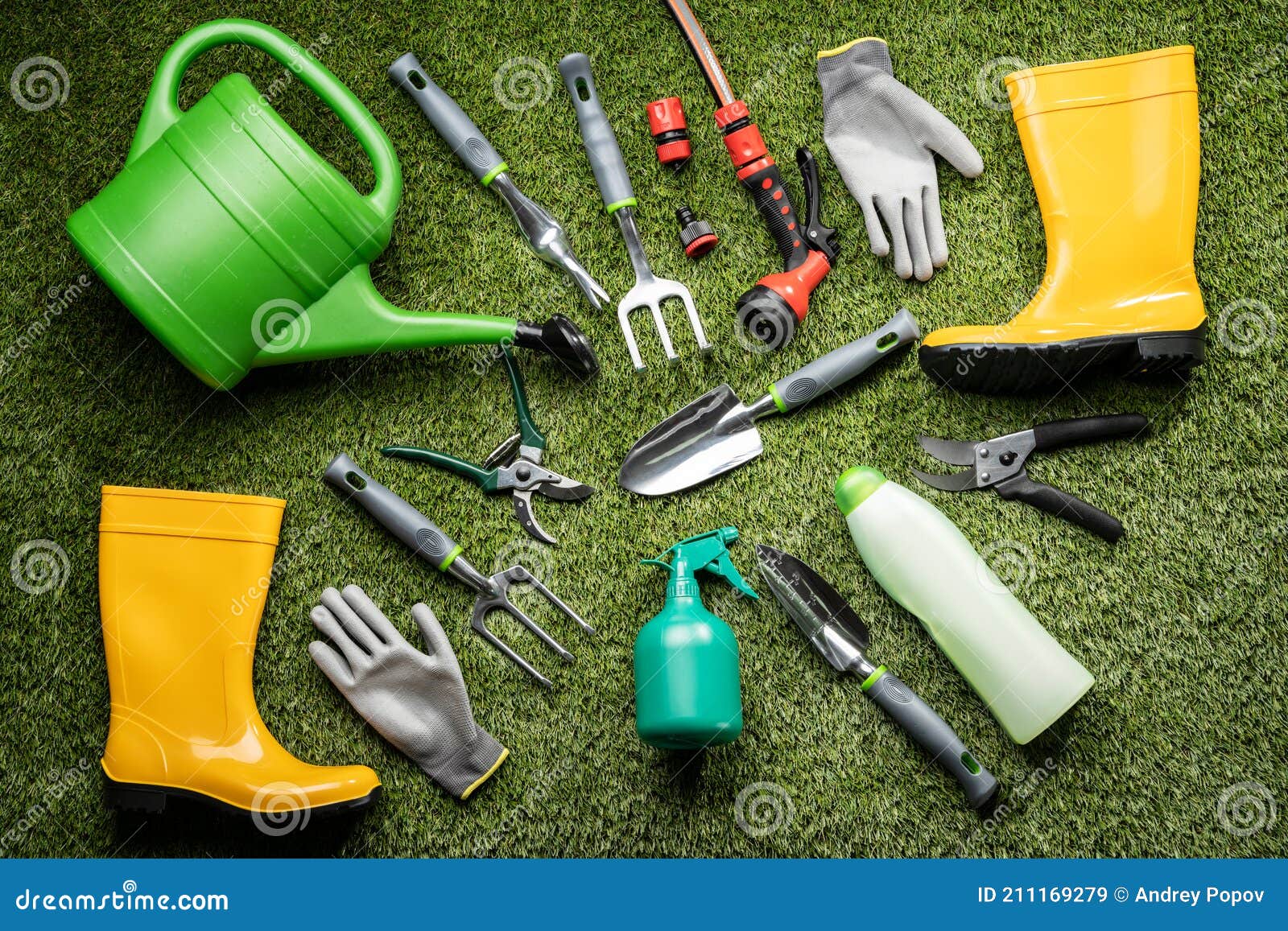 Various Gardening Tools Laying on Grass Stock Image - Image of ...