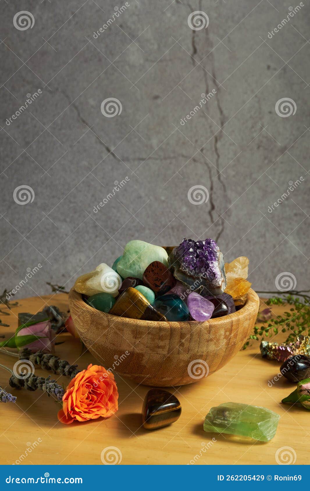 Various Gem Stones in a Wooden Bowl Stock Image - Image of natural ...