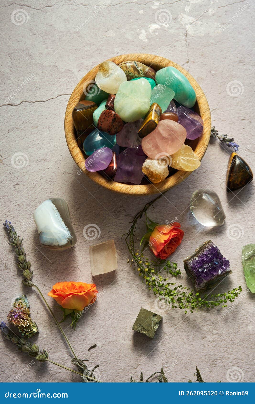 Various Gem Stones in a Wooden Bowl Stock Photo - Image of gemstone ...