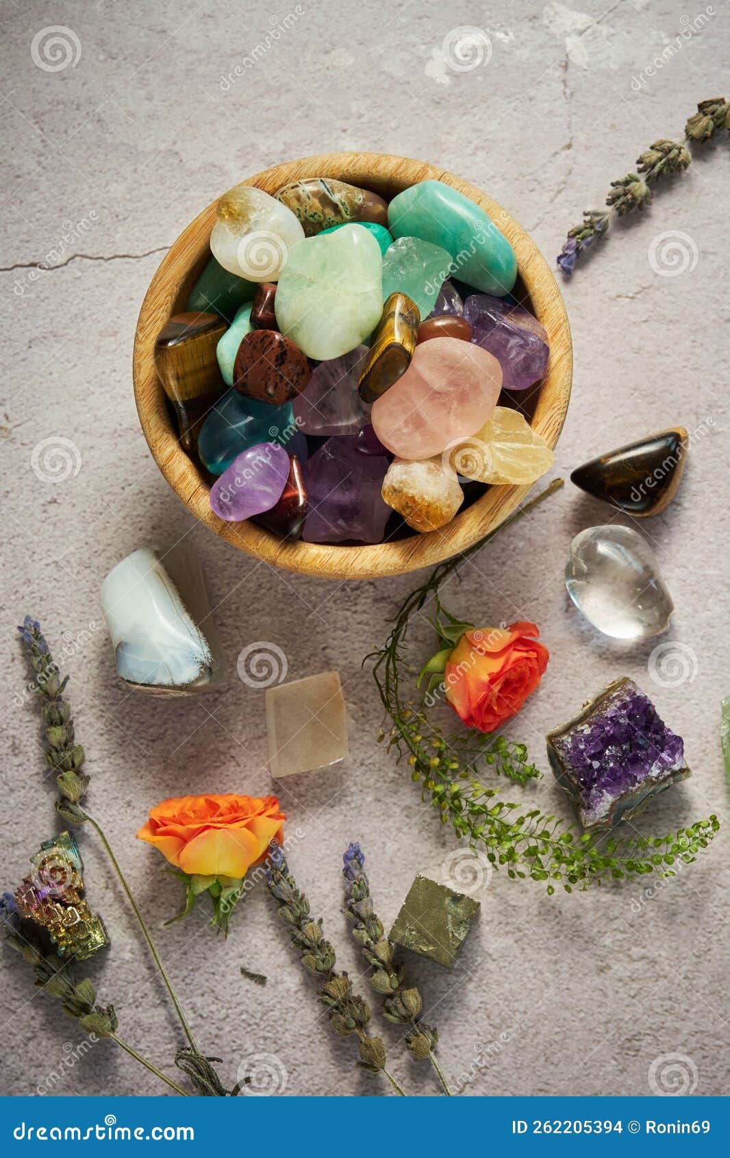 Various Gem Stones in a Wooden Bowl Stock Photo - Image of geology ...
