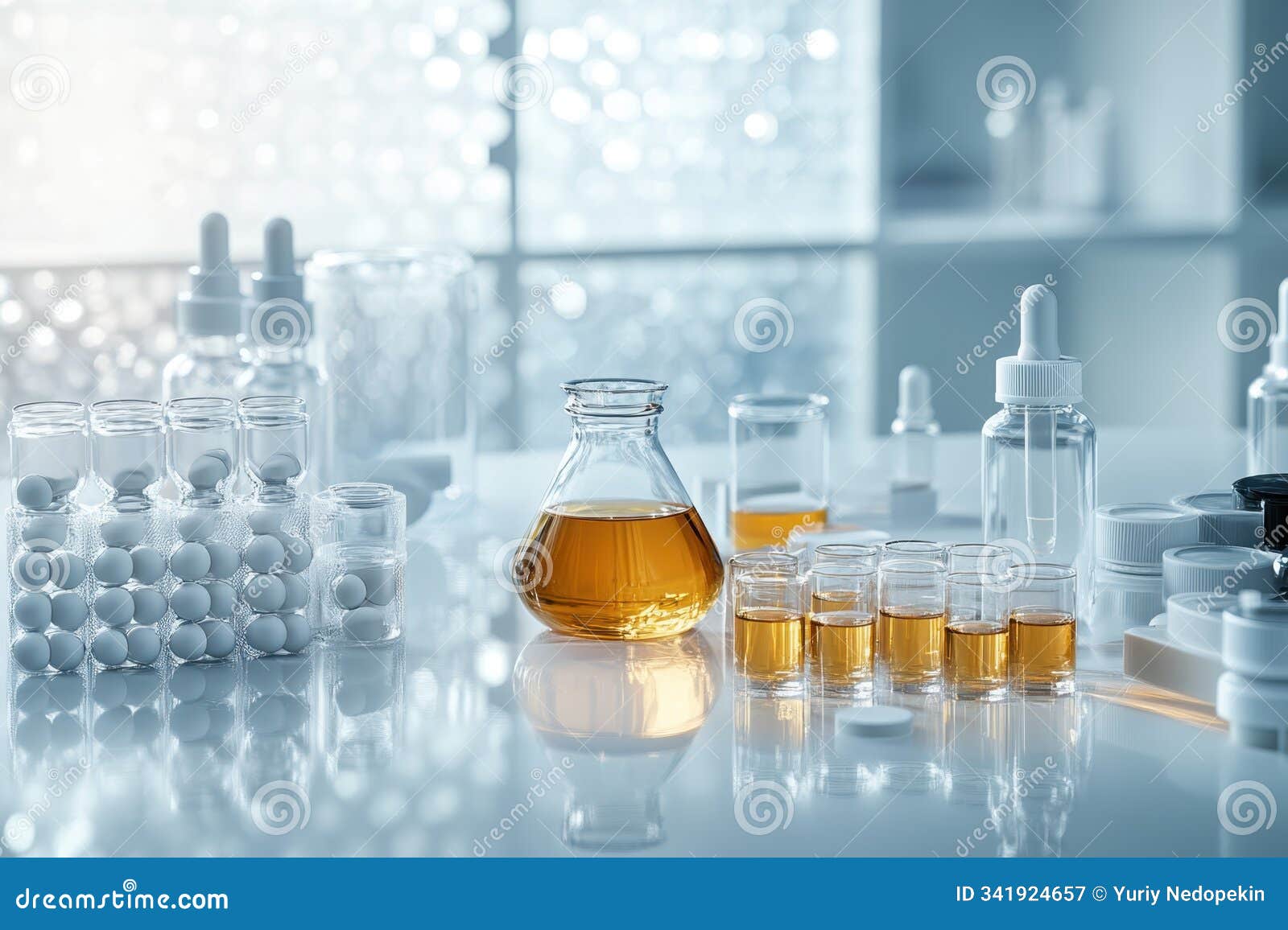 Laboratory Setup with Glassware and Medication Containers Illuminated ...