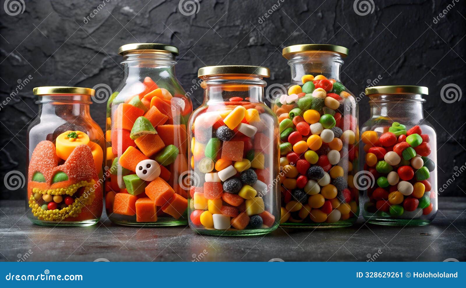 Various Halloween Candies in Clear Bottles on Black Background ...