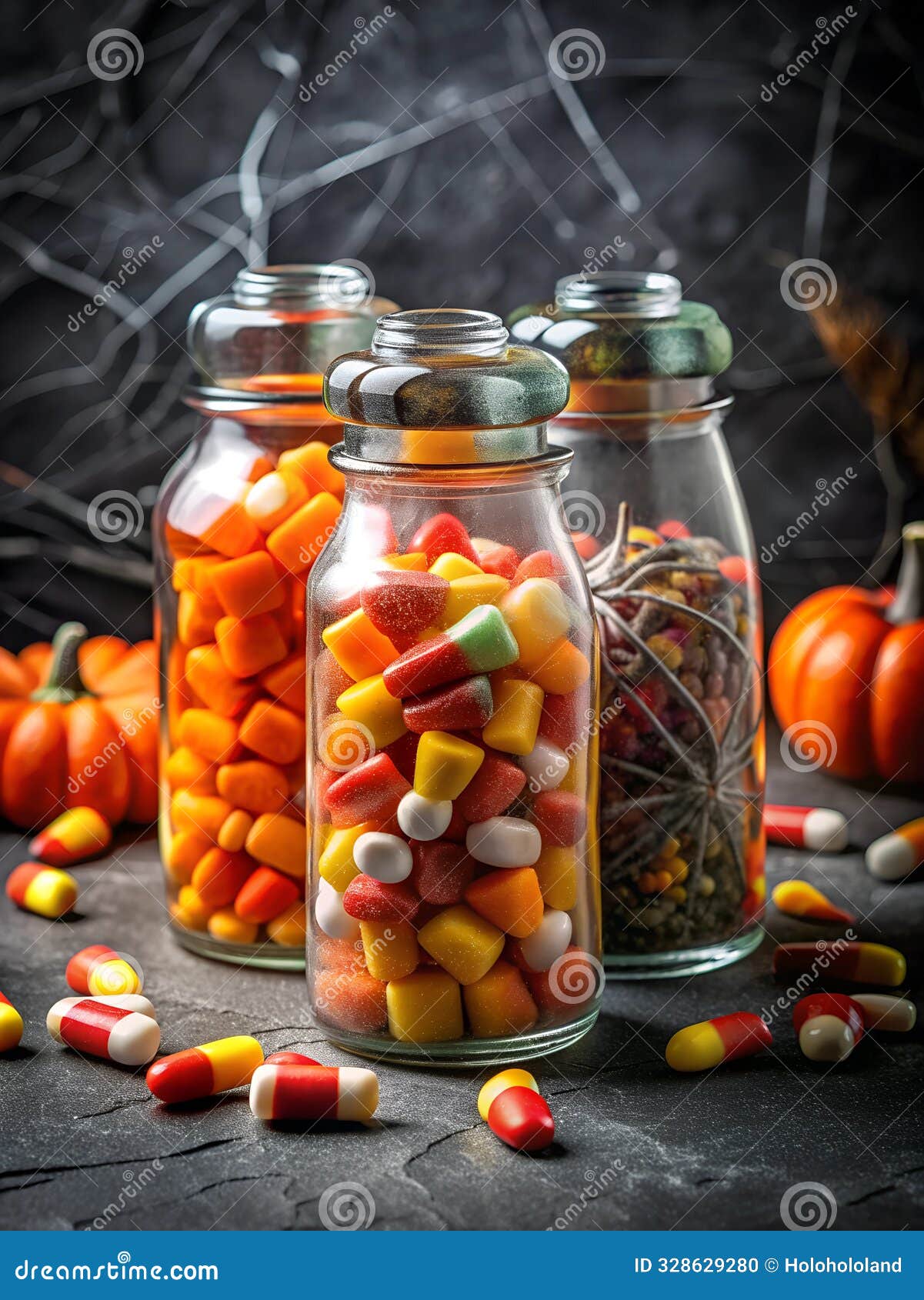 Various Halloween Candies in Clear Bottles on Black Background ...