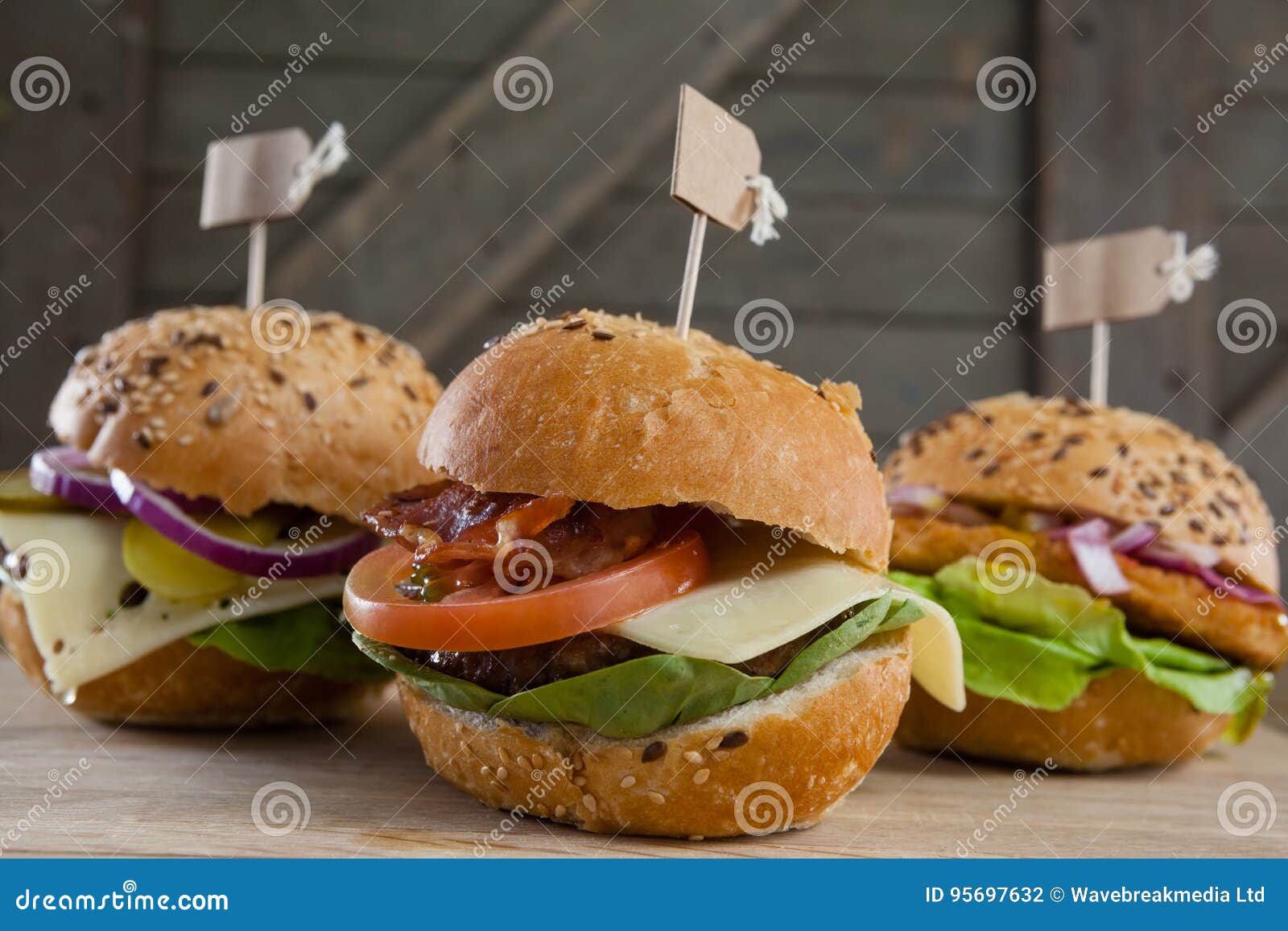 Various Hamburger with Tag on Wooden Table Stock Photo - Image of beef ...