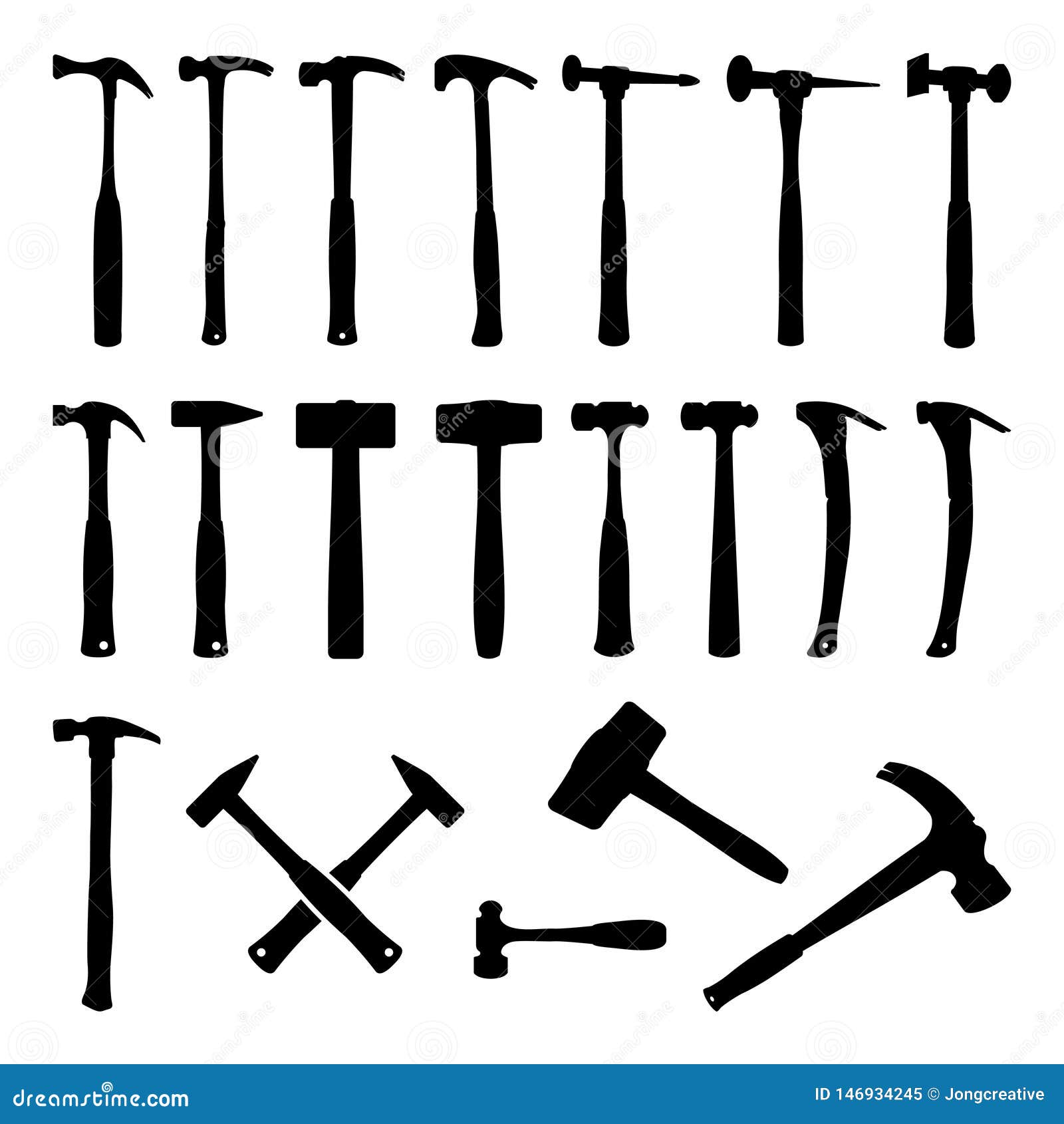 Various Hammer Mallet Construction Work Tool Silhouette Stock Vector ...
