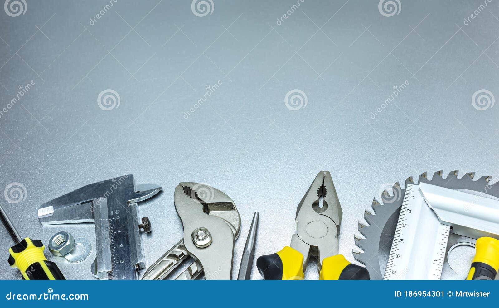 Various Hand Tools on a Grey Metal Background Stock Image - Image of ...