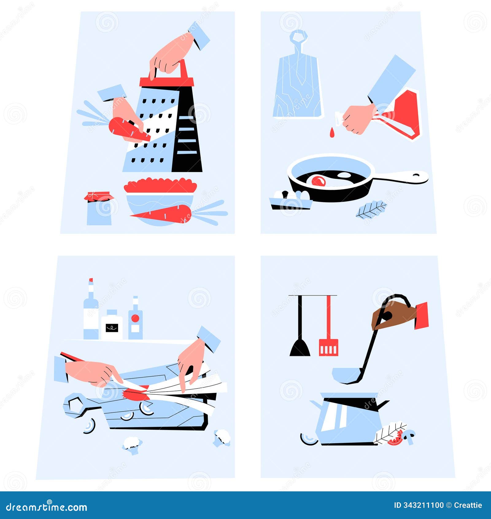 Cooking Process With Grating And Frying In Flat Vector Illustration ...
