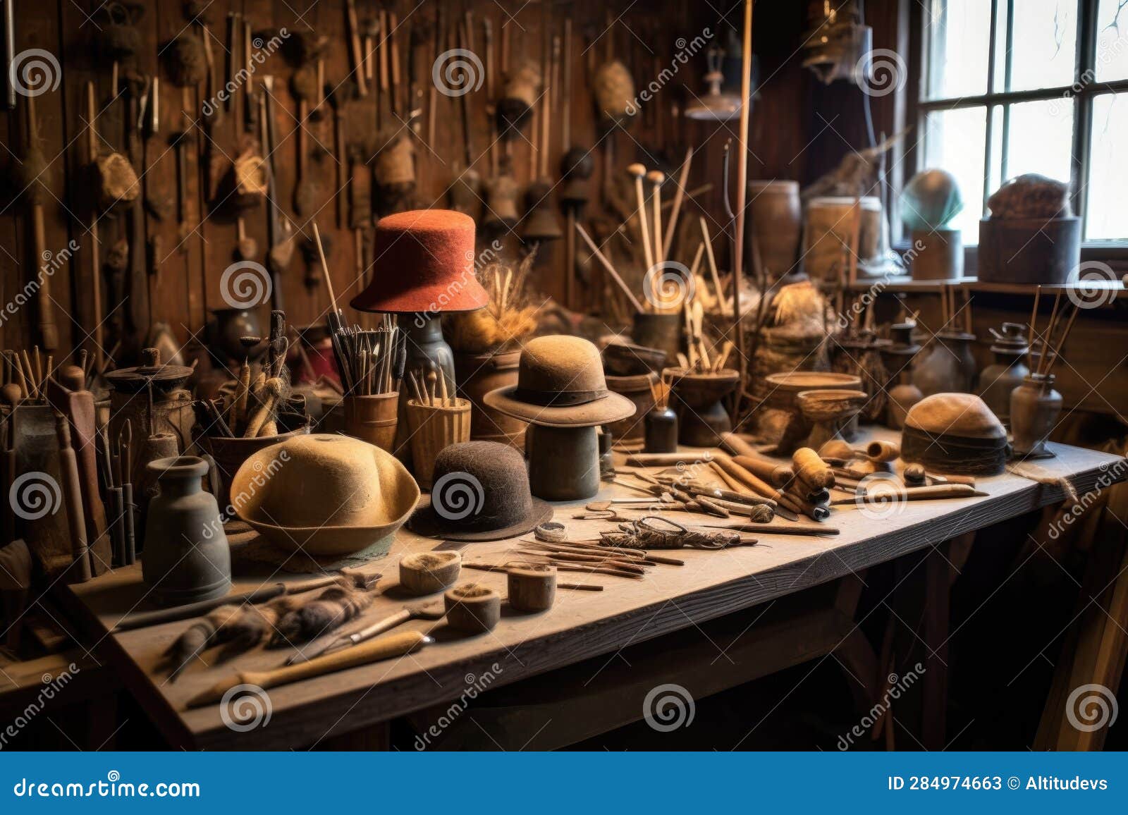 Various Hat-making Tools Displayed on a Workbench Stock Illustration ...