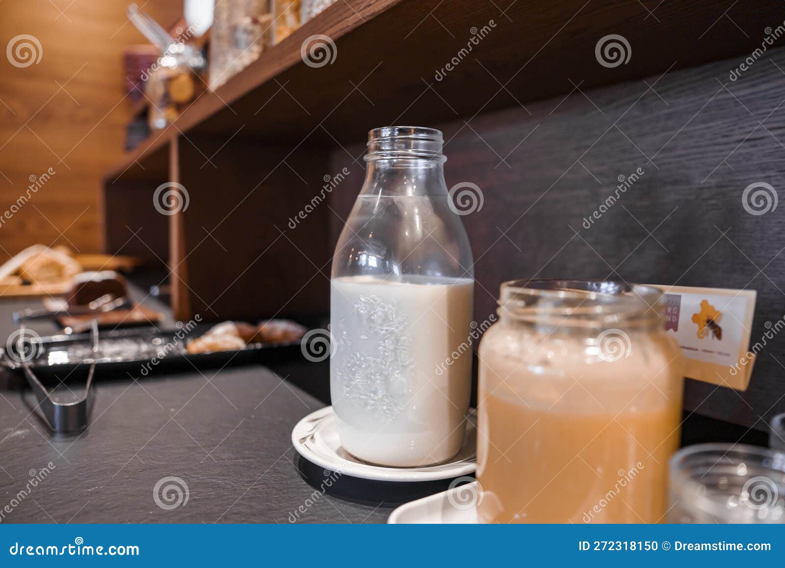 Various Healthy Drink in Containers on Counter at Hotel Stock Photo ...