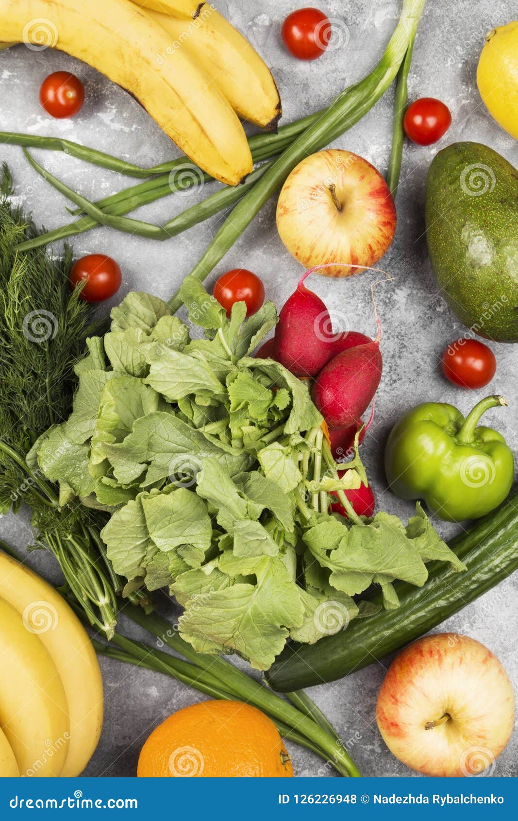 Various Healthy Food on Gray Background. Top View Stock Photo - Image ...