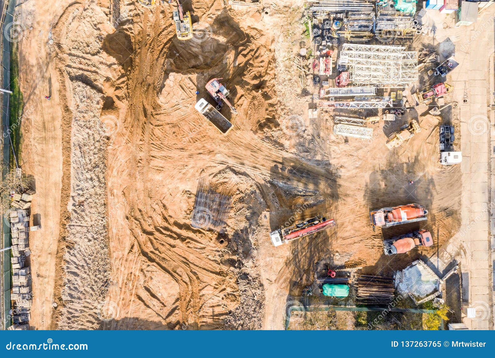 Various Heavy Building Machines Working at Construction Site. Aerial ...