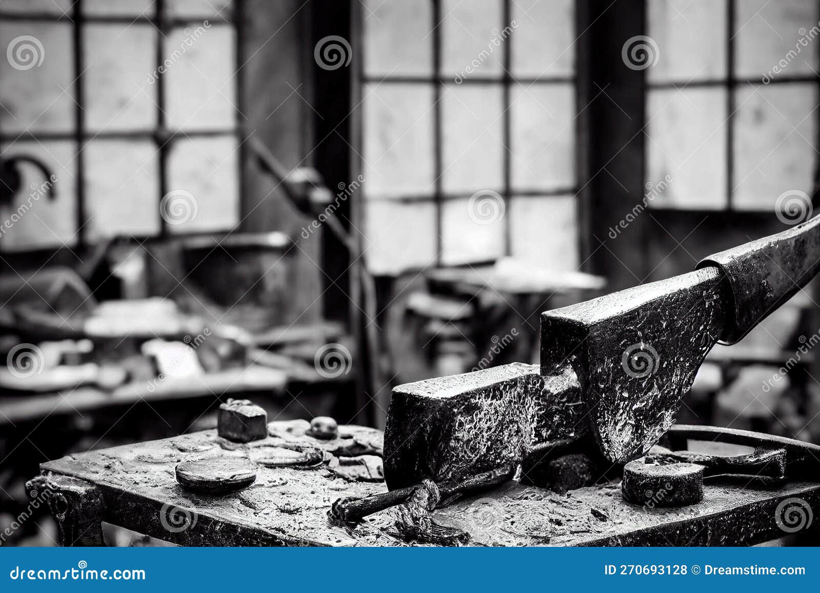 Various Heavy Tools and Objects that Lie on Anvil in Old Forge. Stock ...