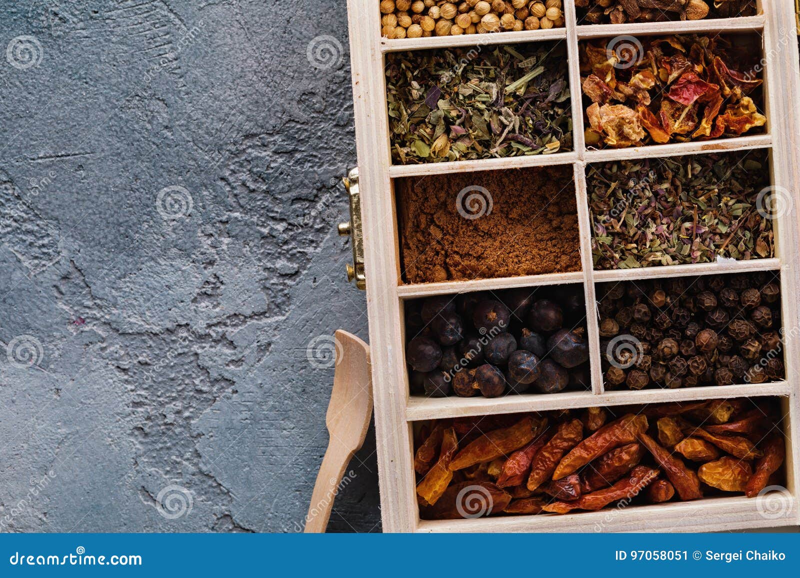 Various Herbs and Powder Spices in a Wooden Box Stock Image - Image of ...