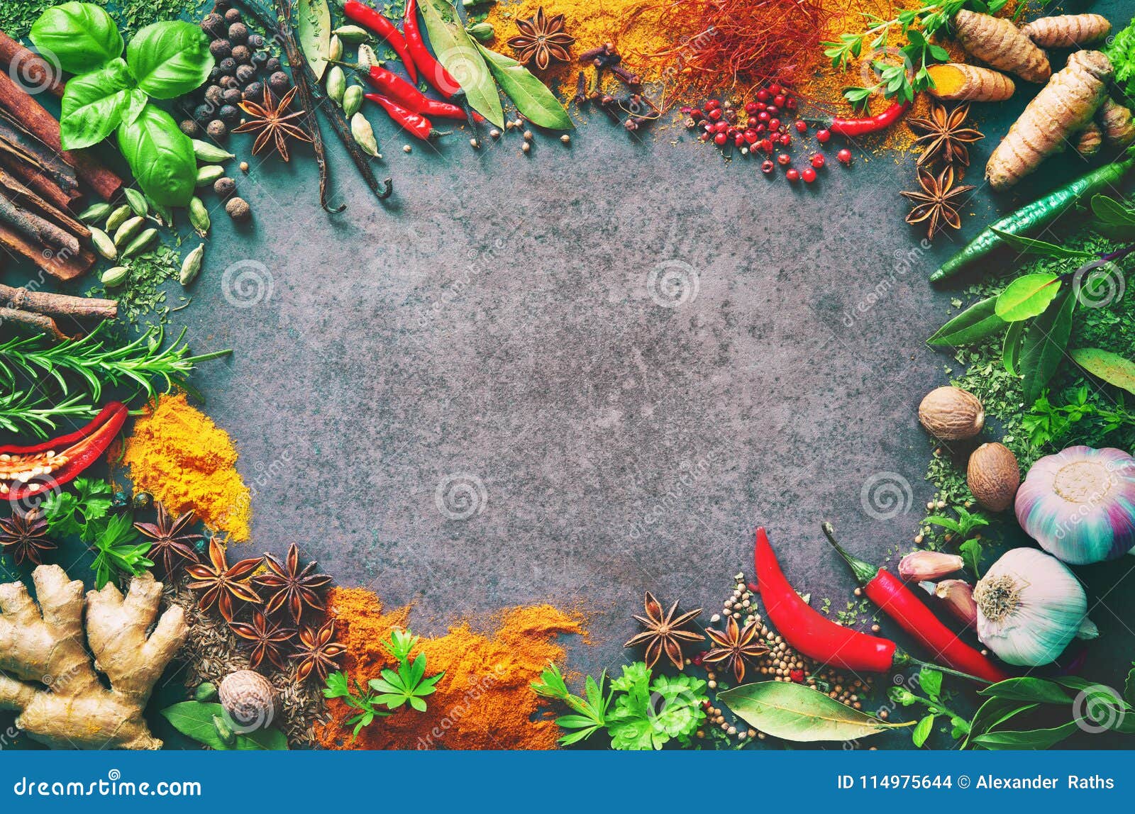 Various herbs and spices stock photo. Image of frame - 114975644