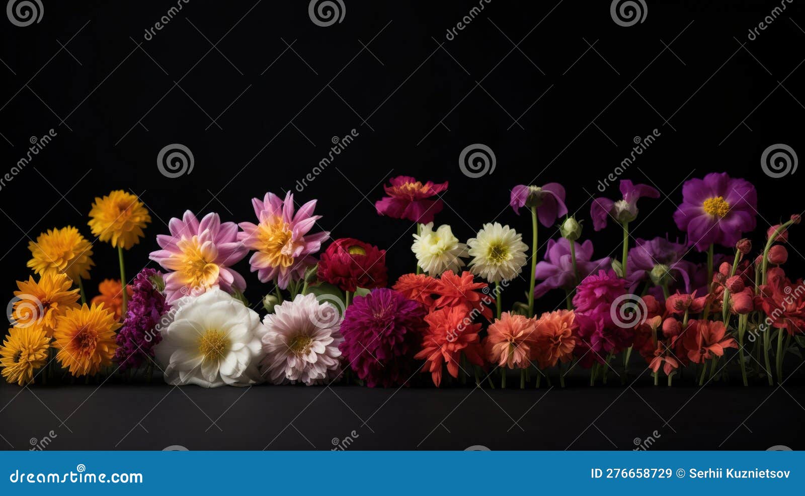 Various Inflorescences of Summer Colored Flowers in a Row, Black ...