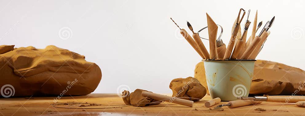 Various Instruments for Carving Clay Placed on Table Stock Photo ...