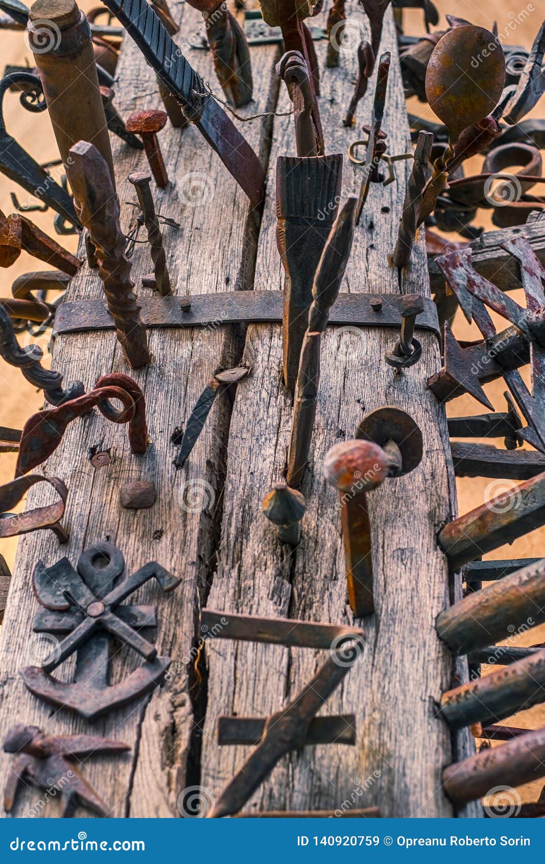Various Iron Objects Stuck in Wood Stock Image - Image of objects ...