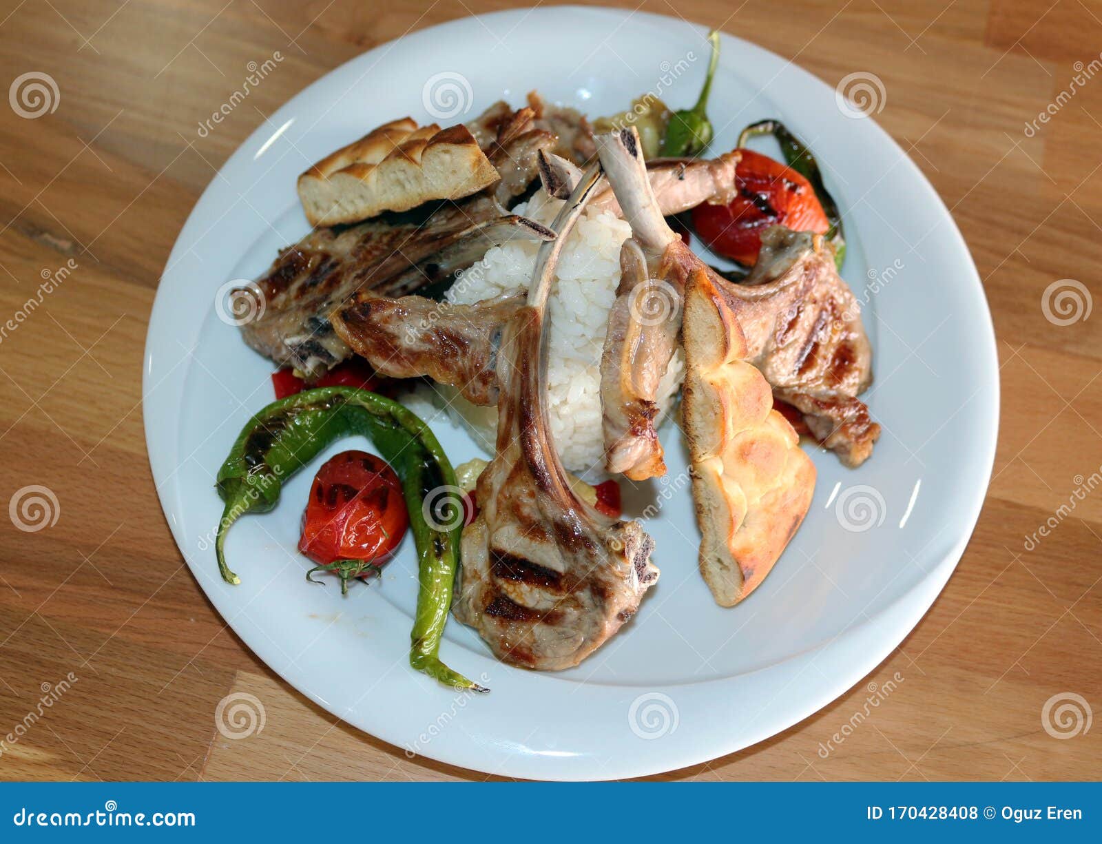 Various Kebab on Plate with Rice and Vegetables Stock Photo - Image of ...