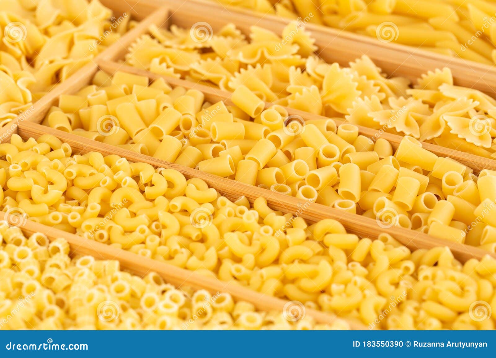 Various kind of pasta stock photo. Image of assortment - 183550390