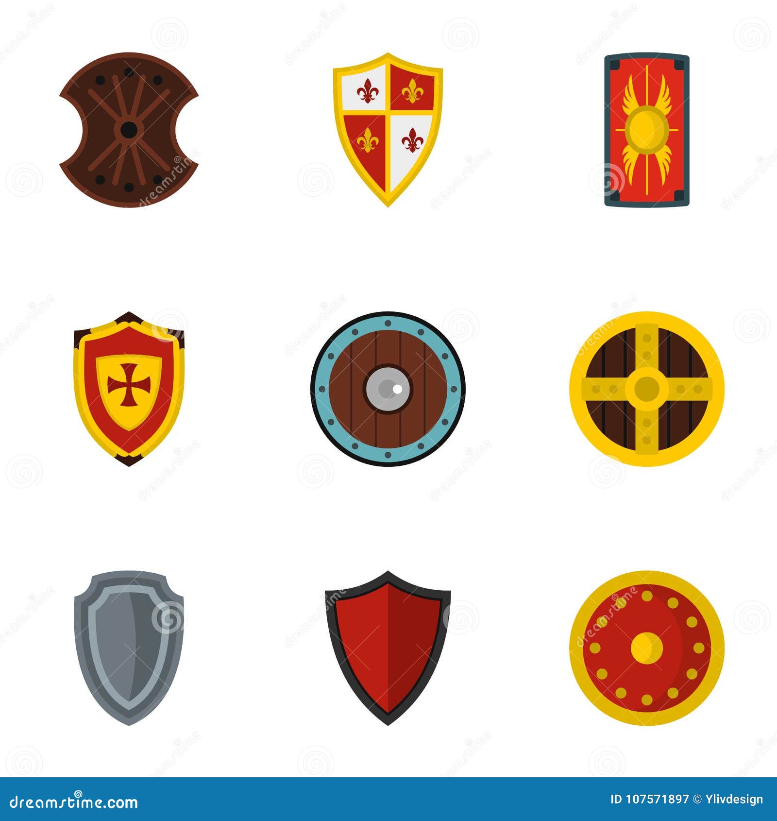 Various Knight Shield Icons Set Flat Style Stock Vector Illustration