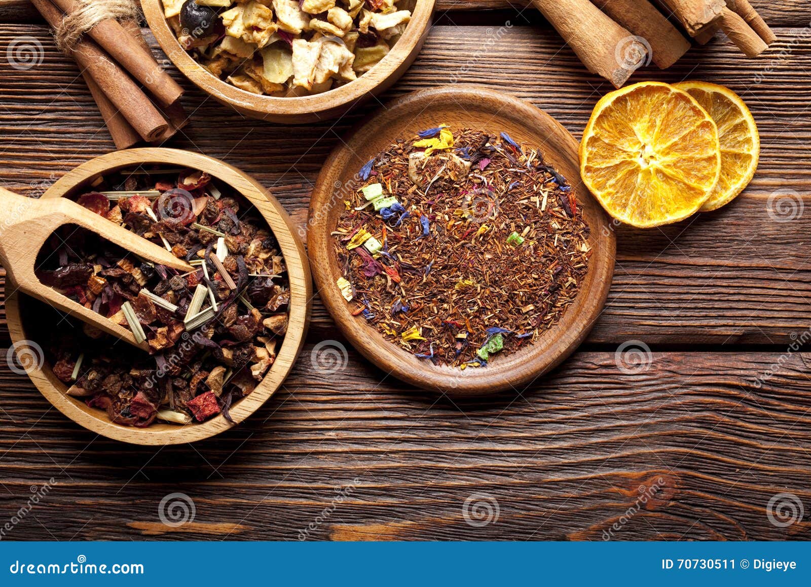 Various Leaves of Tea and Spices on Wooden Background Stock Image ...