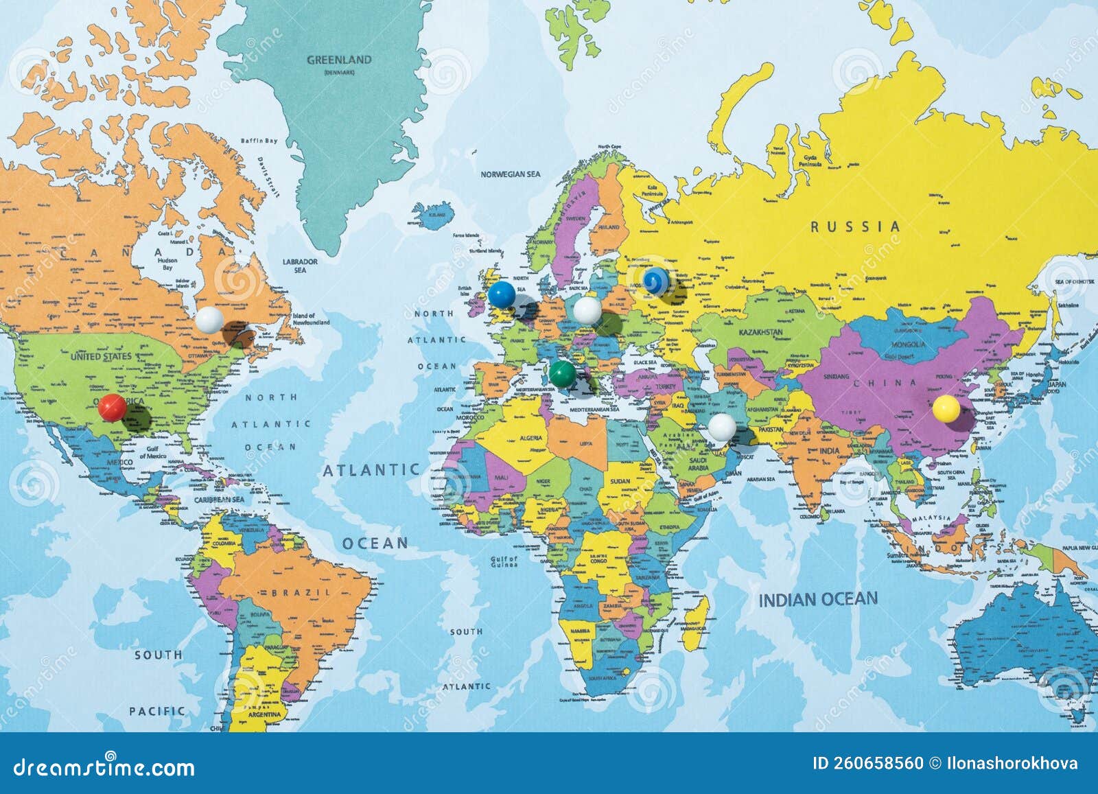 Various Locations with Pins, Push Pin on Map Closeup Stock Photo ...