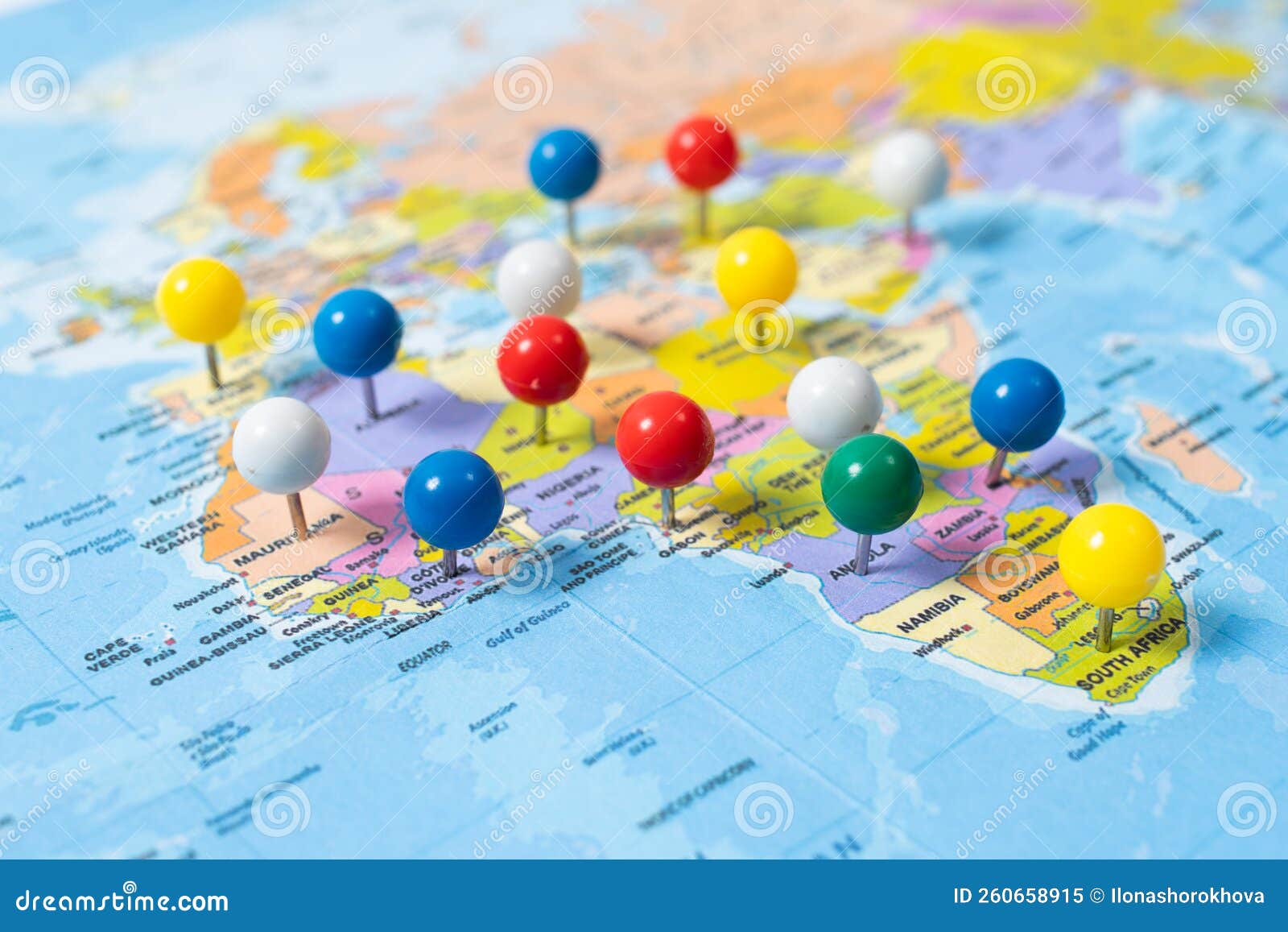 Various Locations with Pins, Push Pin on Map Closeup Stock Image ...