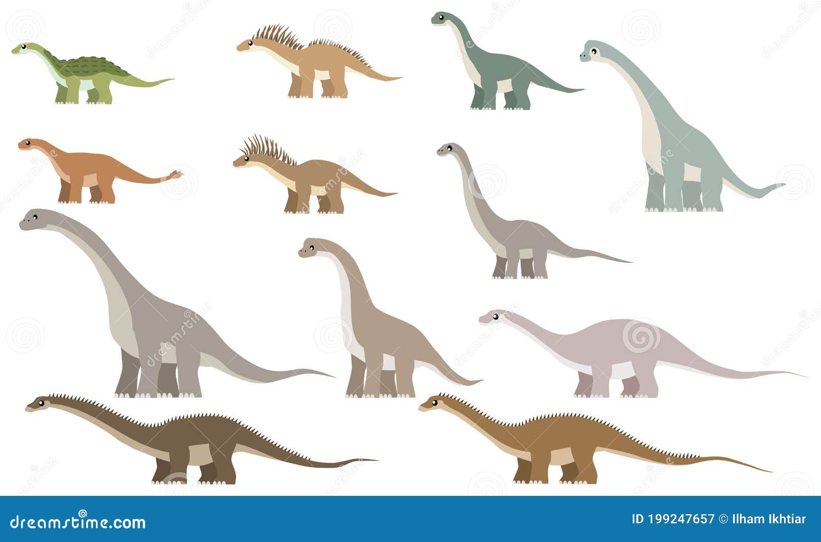 Various Long Necked Dinosaurs in Flat Style Stock Vector - Illustration ...